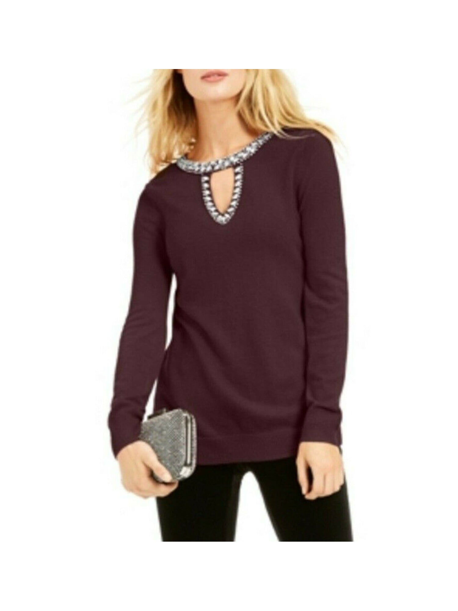 INC Womens Maroon Embellished Heather Long Sleeve Keyhole Sweater XS ...