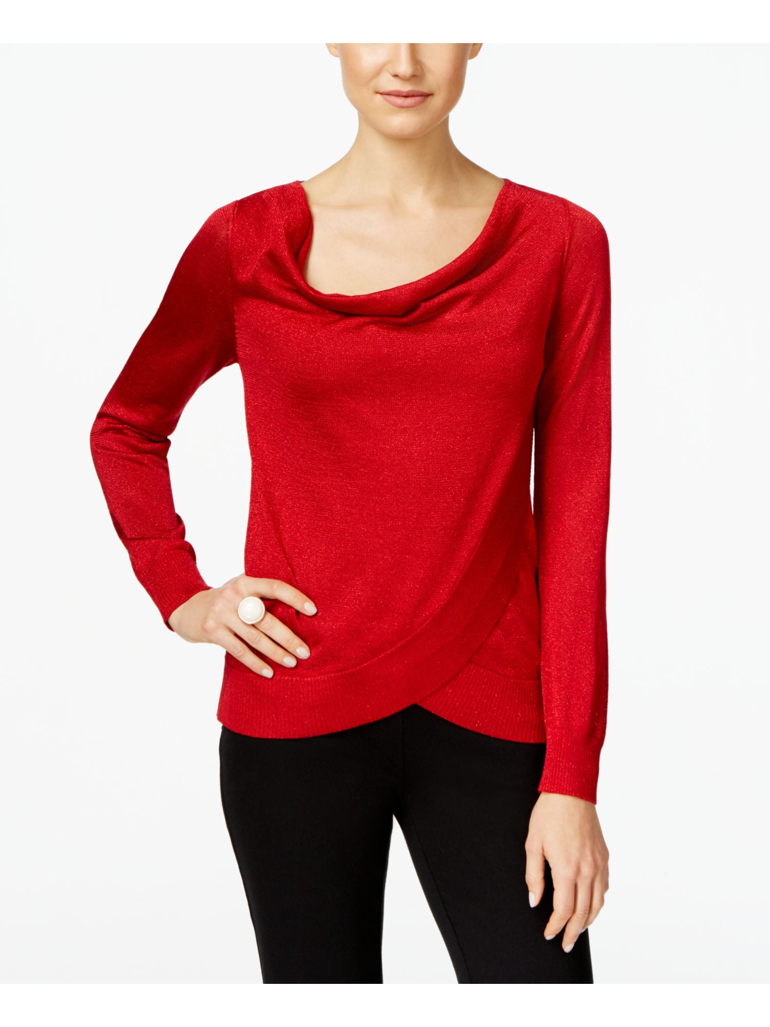 INC Womens Red Metallic Long Sleeve Scoop Neck Faux Wrap Top XS ...