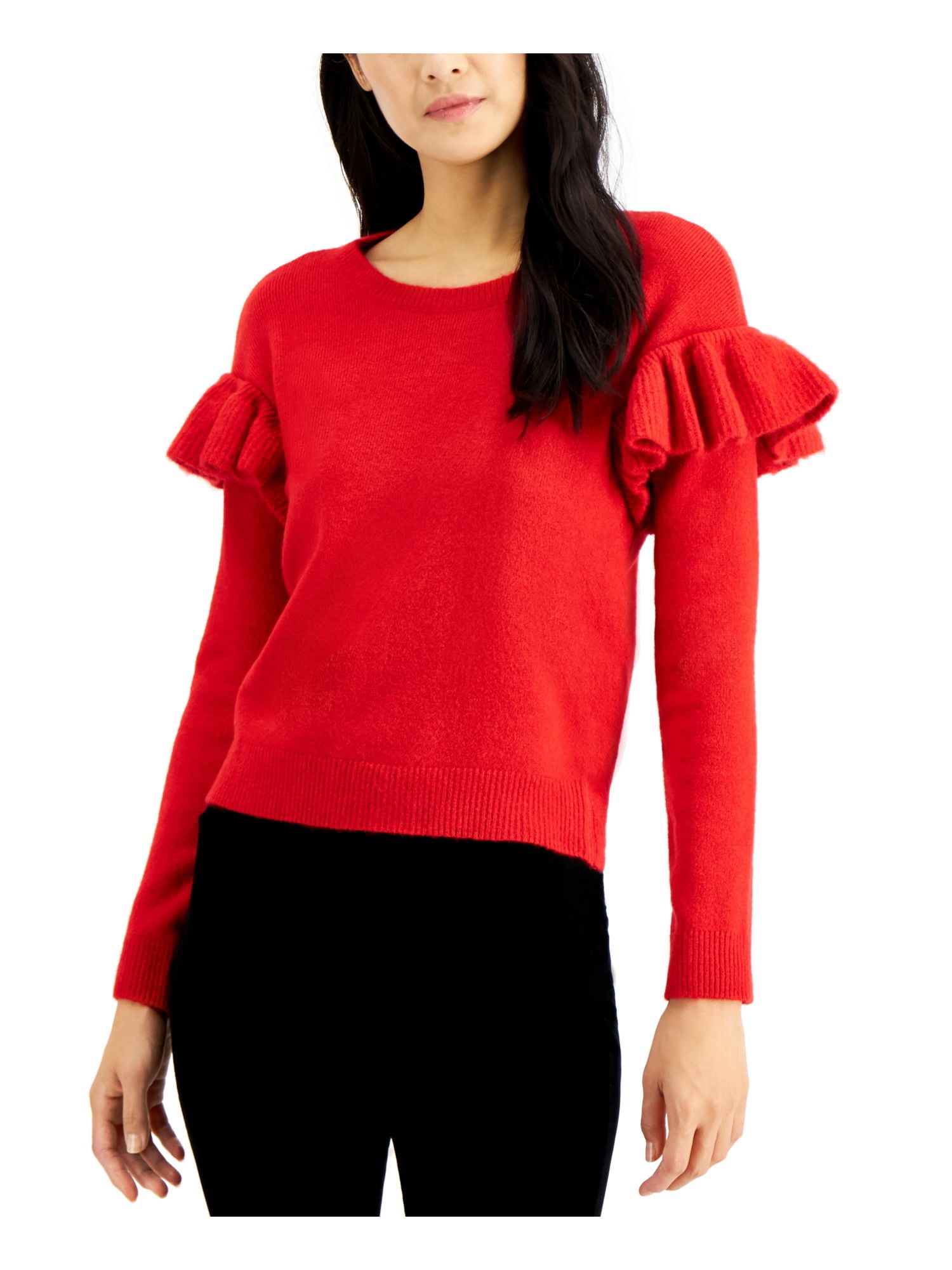INC Womens Red Ruffled Long Sleeve Crew Neck Sweater S - Walmart.com