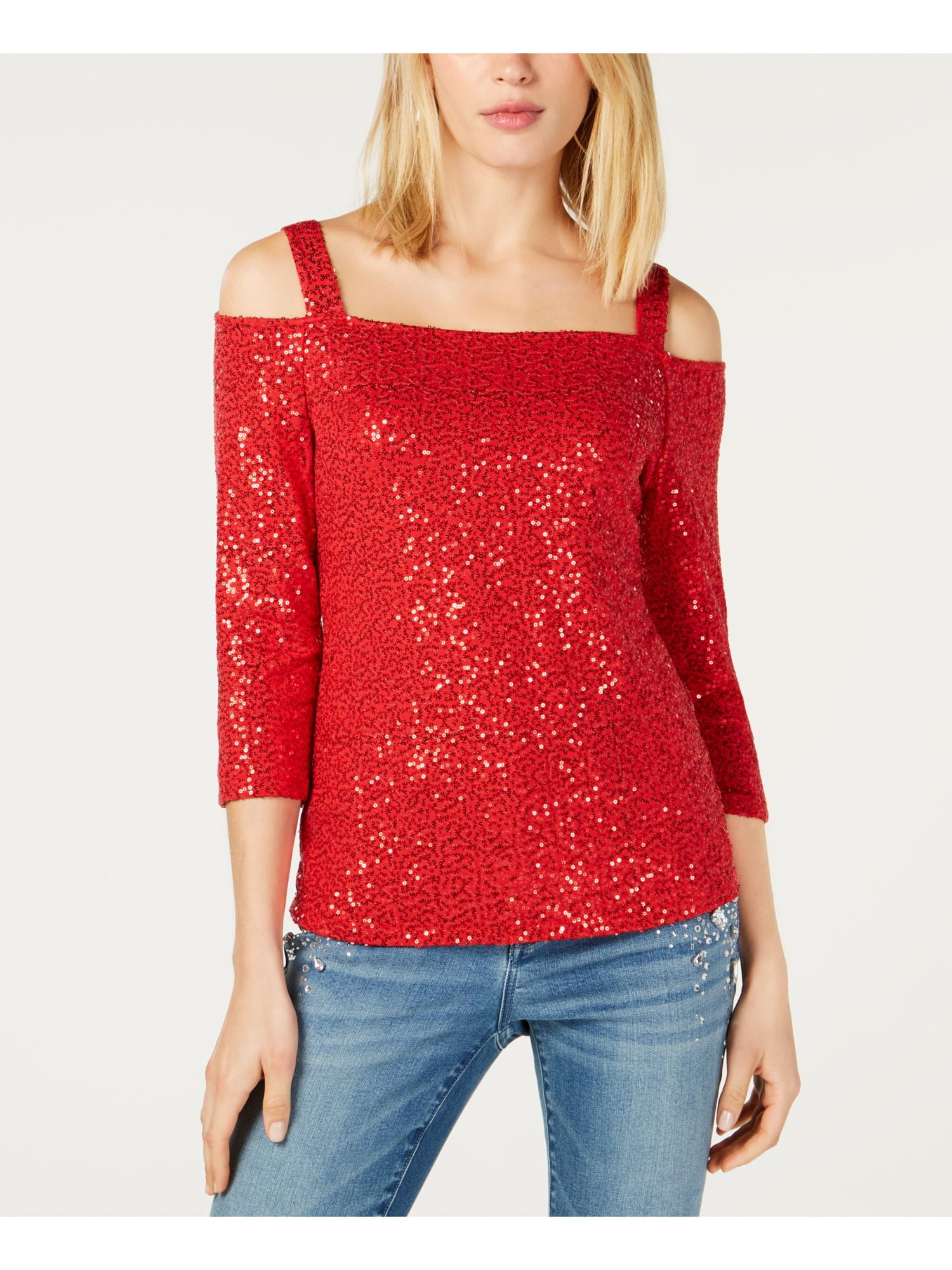 INC Womens Red Sequined Cold Shoulder 3/4 Sleeve Square Neck Top M ...