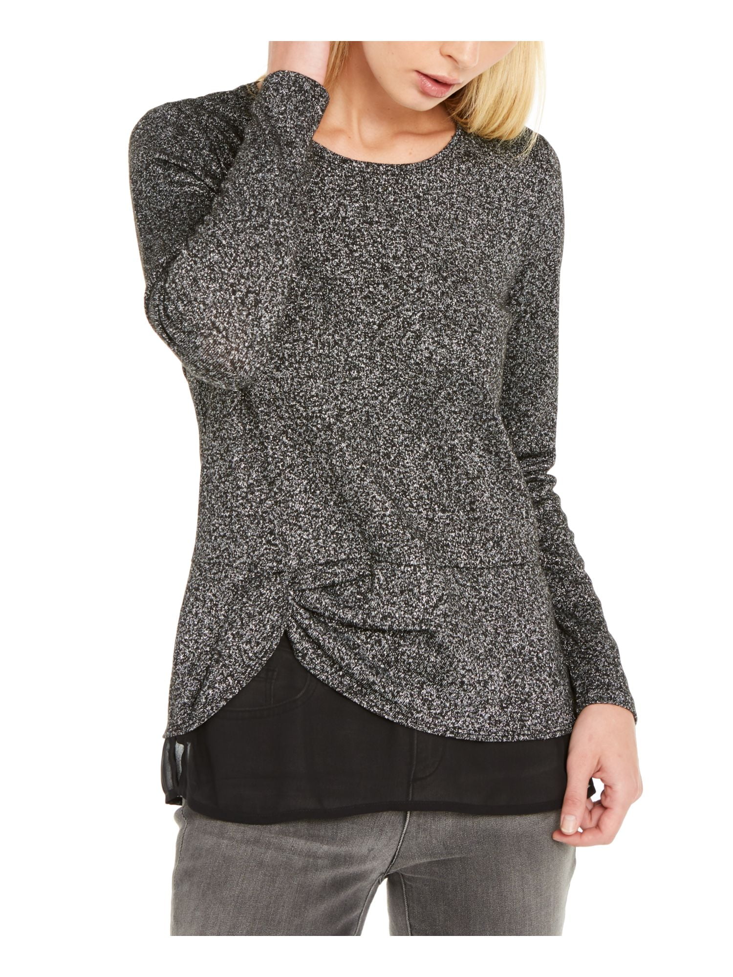 INC Womens Silver Textured Shimmering Long Sleeve Jewel Neck Top S ...