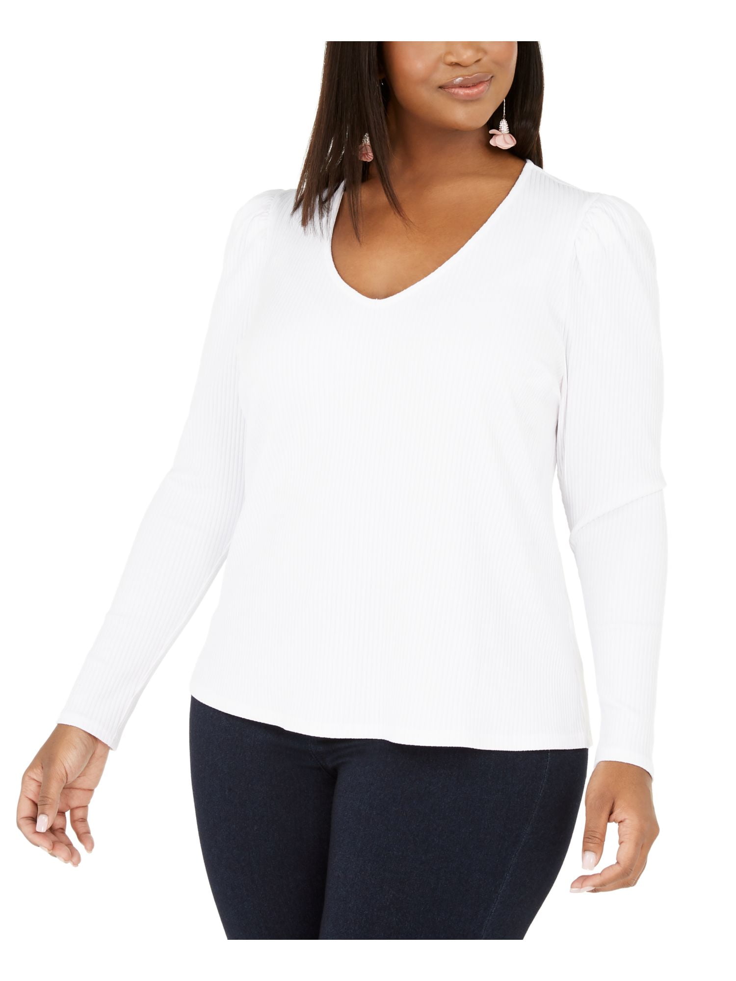 INC Womens White Fitted Ribbed-knit Puff-shoulder Long Sleeve V Neck ...