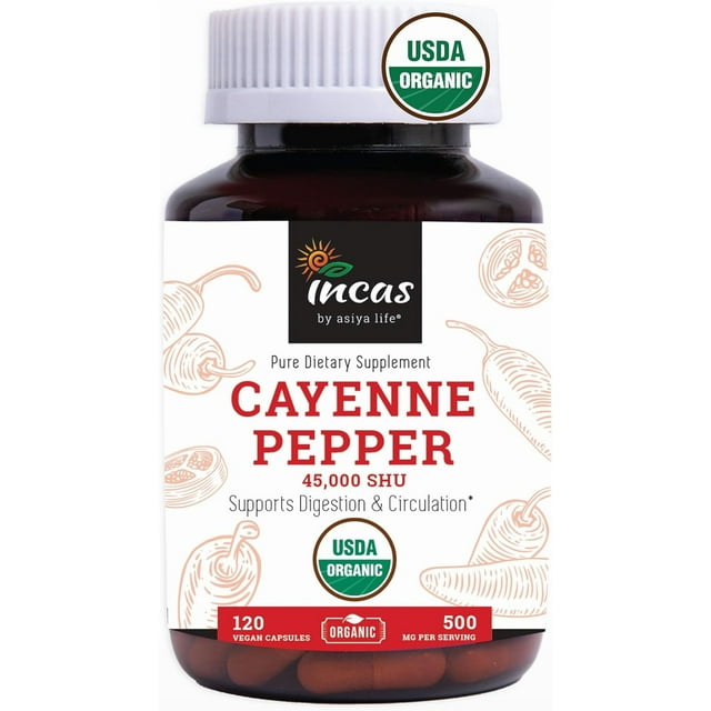 INCAS 100% USDA Organic Cayenne Pepper 120 Capsules (500mg) 45,000 SHU ...