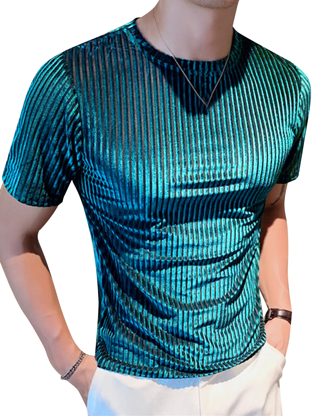 INCERUN Men Wet Look Long Sleeve Shirts Slim Fit Pit Strip Tee Tops T ...