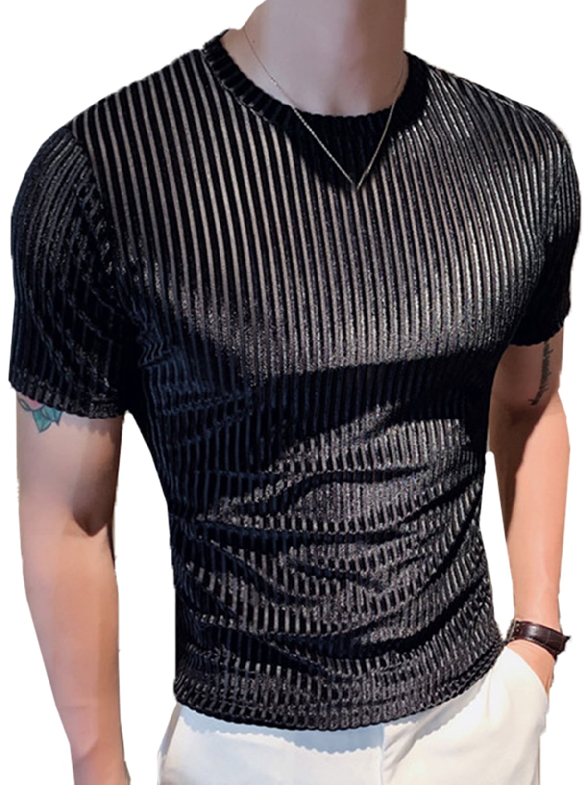 INCERUN Men Wet Look Long Sleeve Shirts Slim Fit Pit Strip Tee Tops T ...