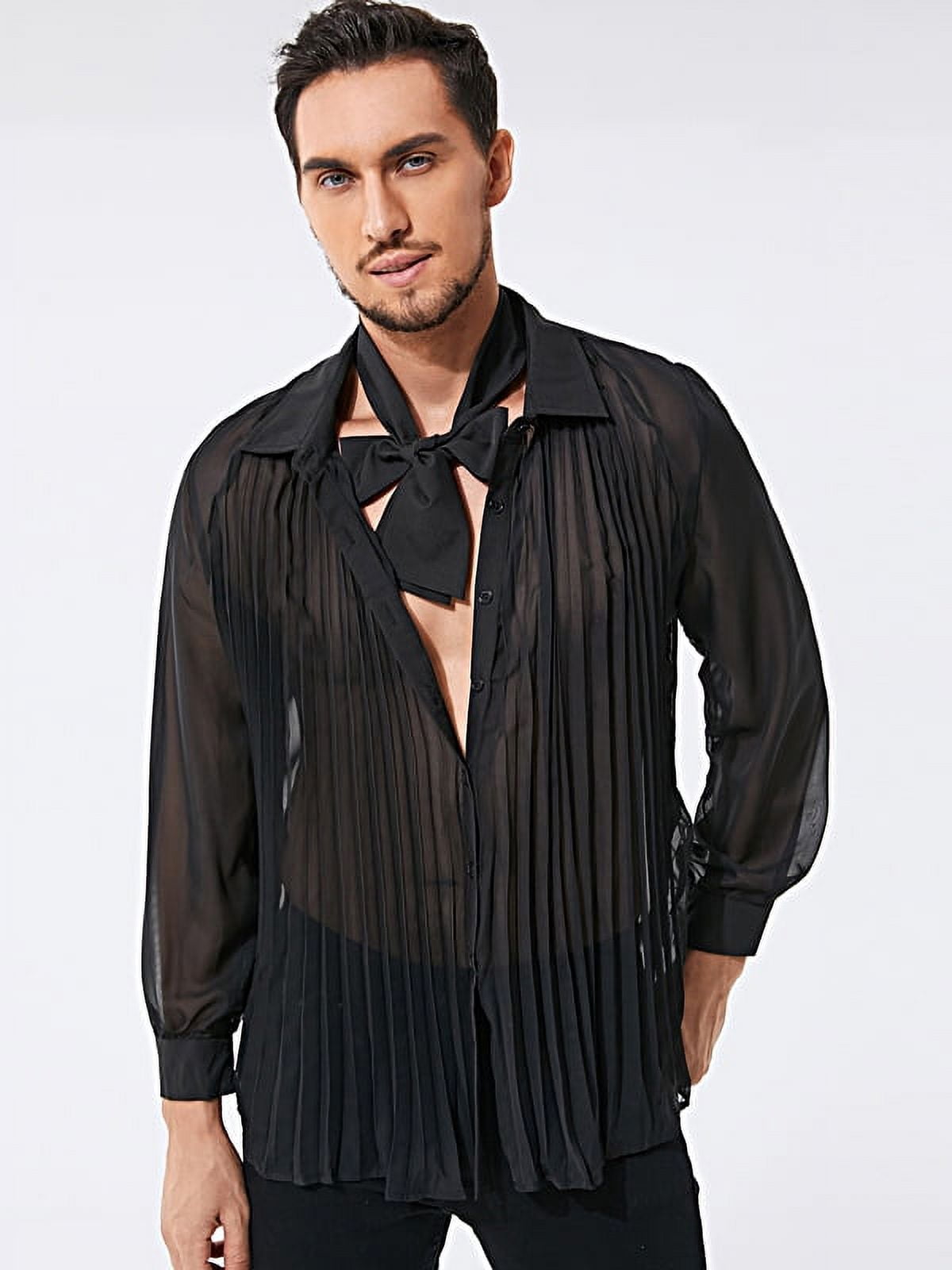 INCERUN Men's Black Transparent Long Sleeve Lapel Mesh Shirt with Tie ...