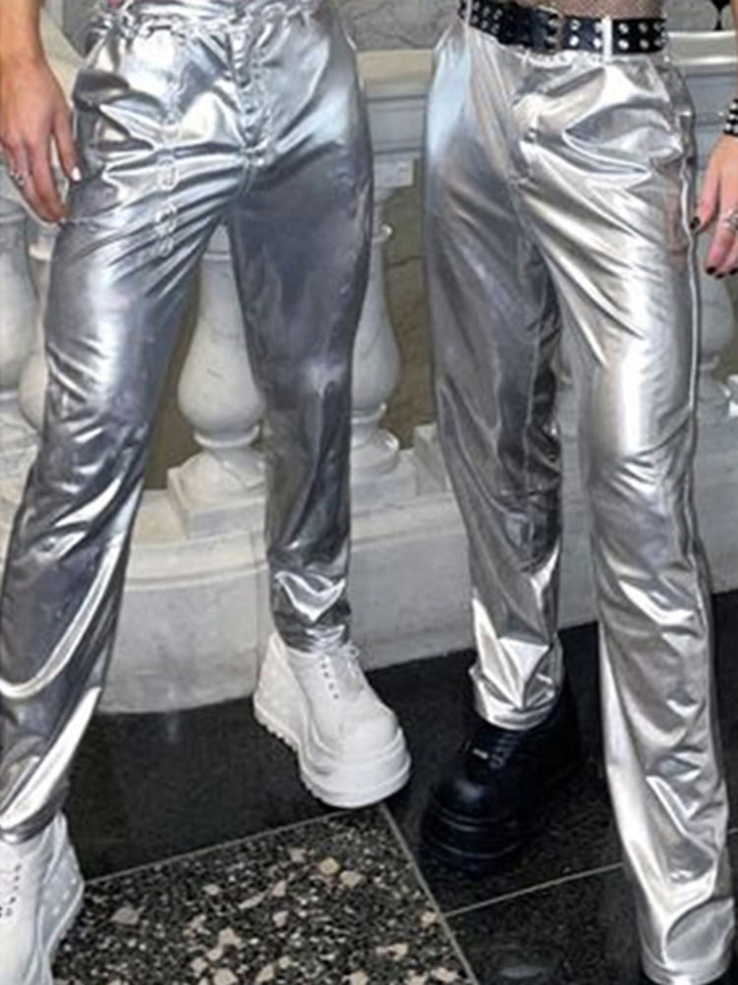 INCERUN Men's Coated Shiny Stretch Trousers Sliver Feel Elegant Pants ...