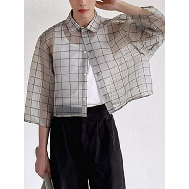 INCERUN Men's Fashion Plaid See Through 3/4 Sleeve Shirt Lightweight ...