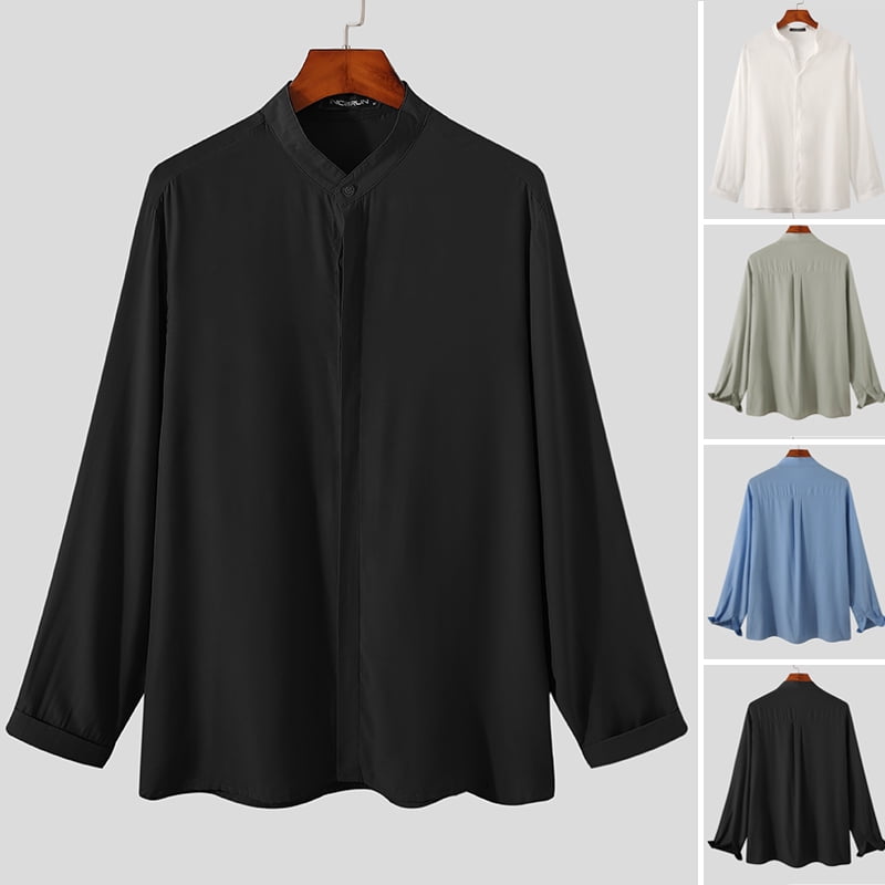INCERUN Men's Long Sleeve Casual Solid Color Tops Button Down Dress ...