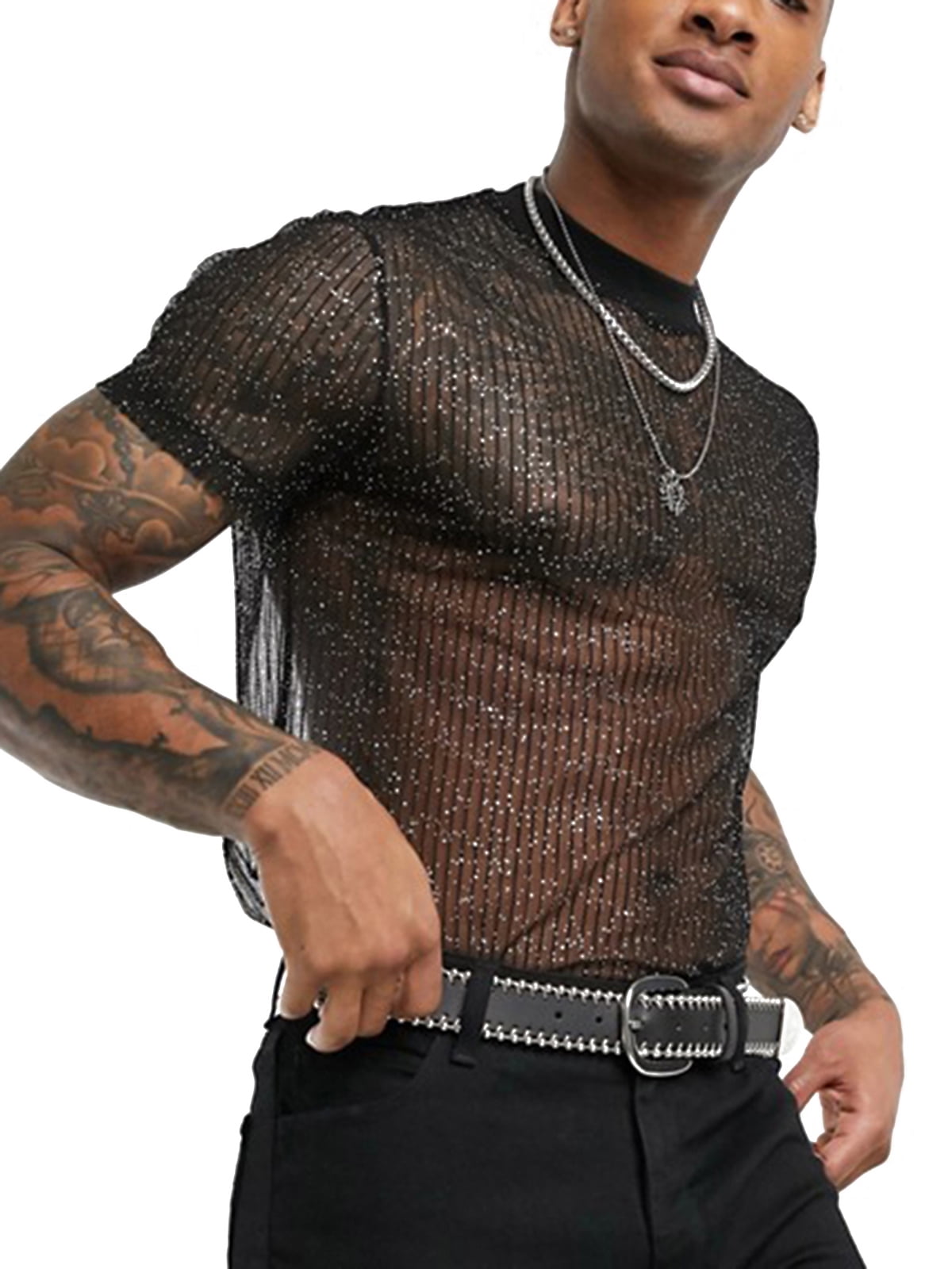 INCERUN Men's Mesh Sheer Short Sleeve Tops Slim Muscle Shirt Party See ...