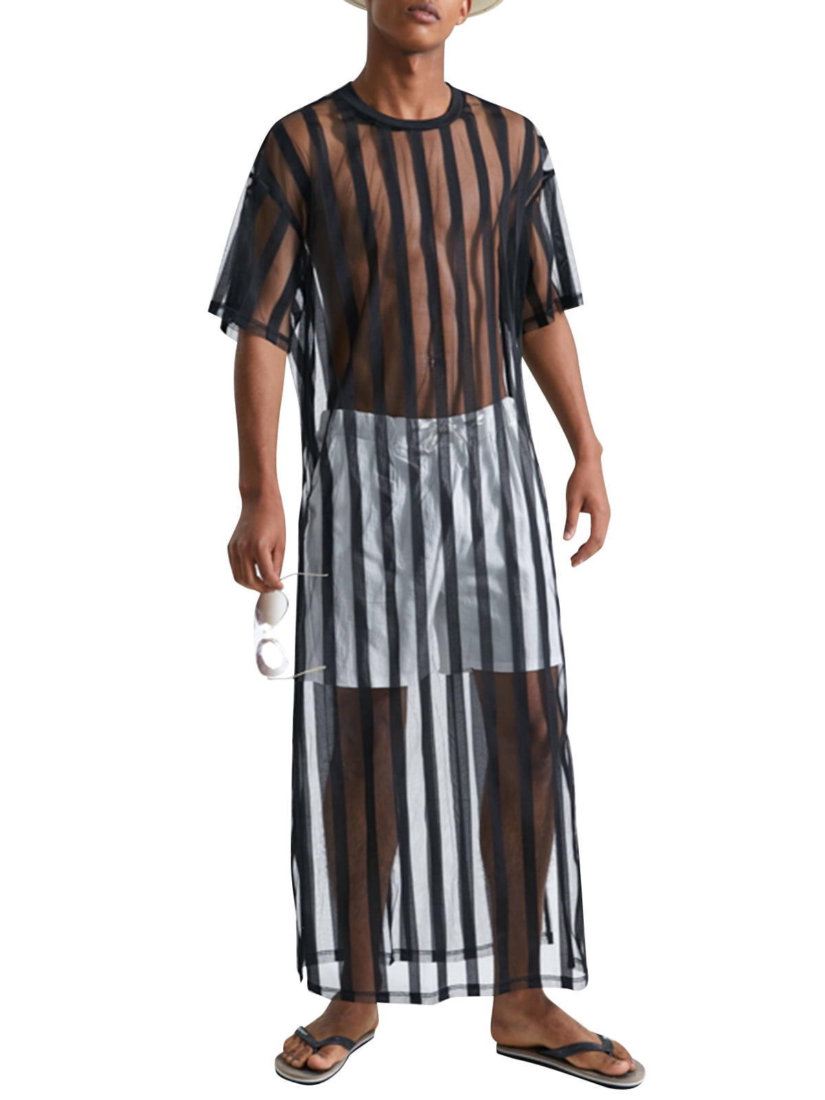 INCERUN Men's Mesh Sheer Striped Transparent Short Sleeve Long Tops ...