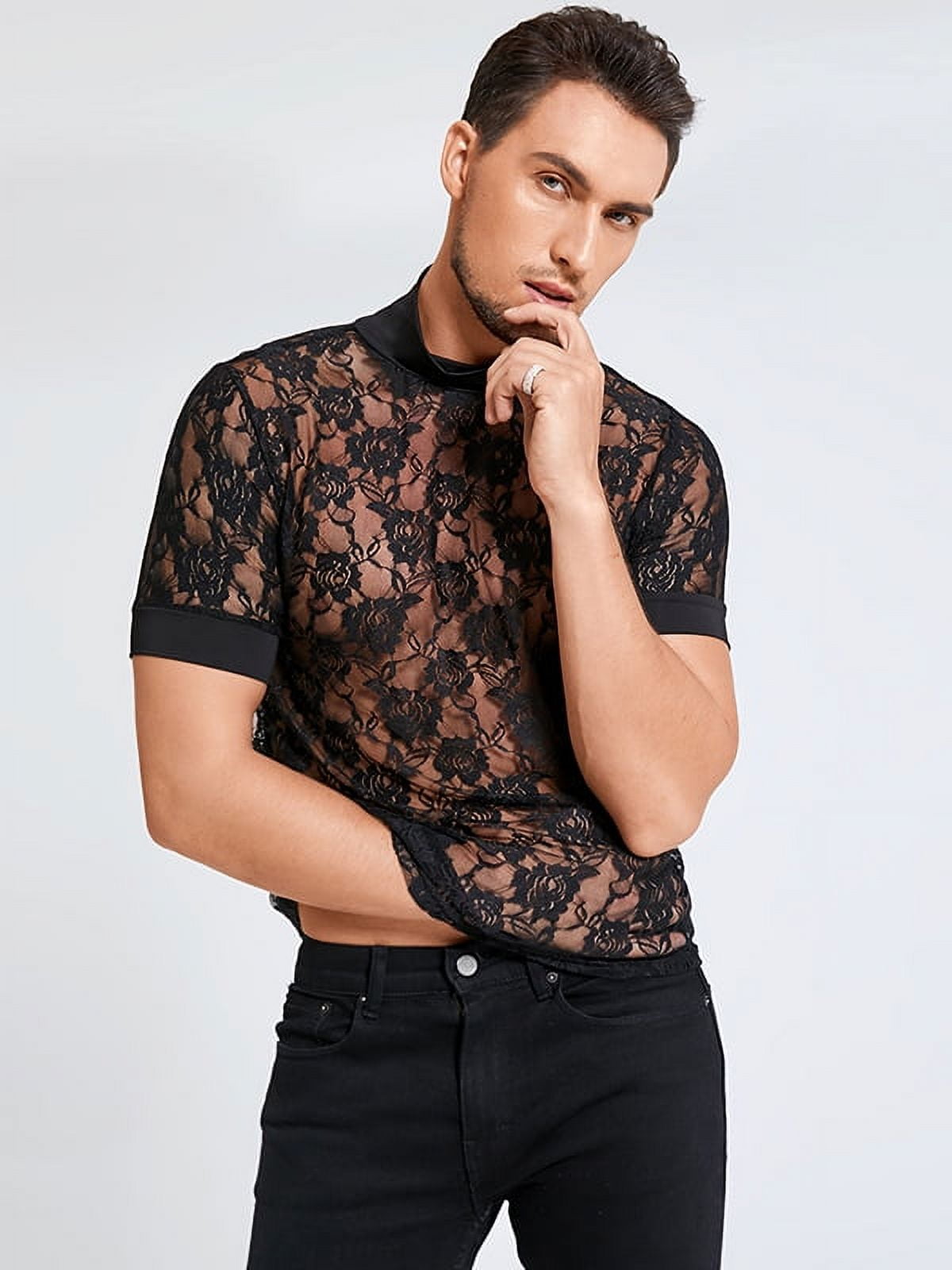 INCERUN Men's Sexy Short Sleeve Mesh Lace Floral Shirts Party Tee Tops ...