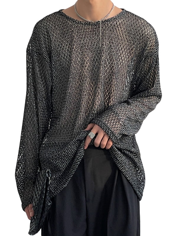 INCERUN Men's Sheer Mesh Long Sleeve Hollow Out Loose Tops Pullover ...