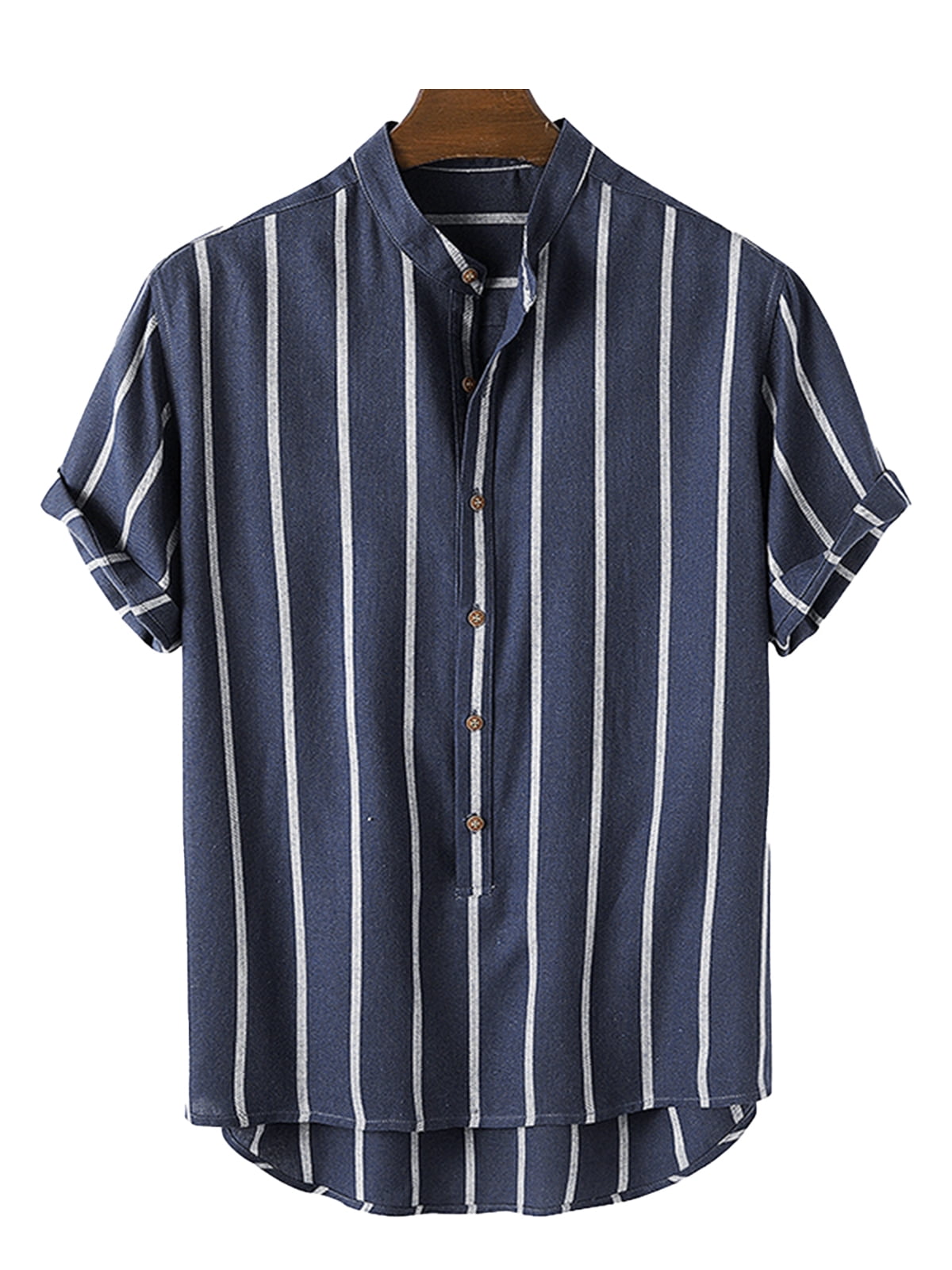 INCERUN Men's Short Sleeve Stripe Shirts Collarless Casual Tops ...