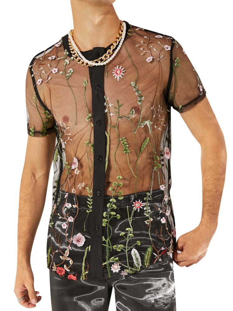 INCERUN Men's Summer Short Sleeve Transparent Flower Embroidery Printed ...