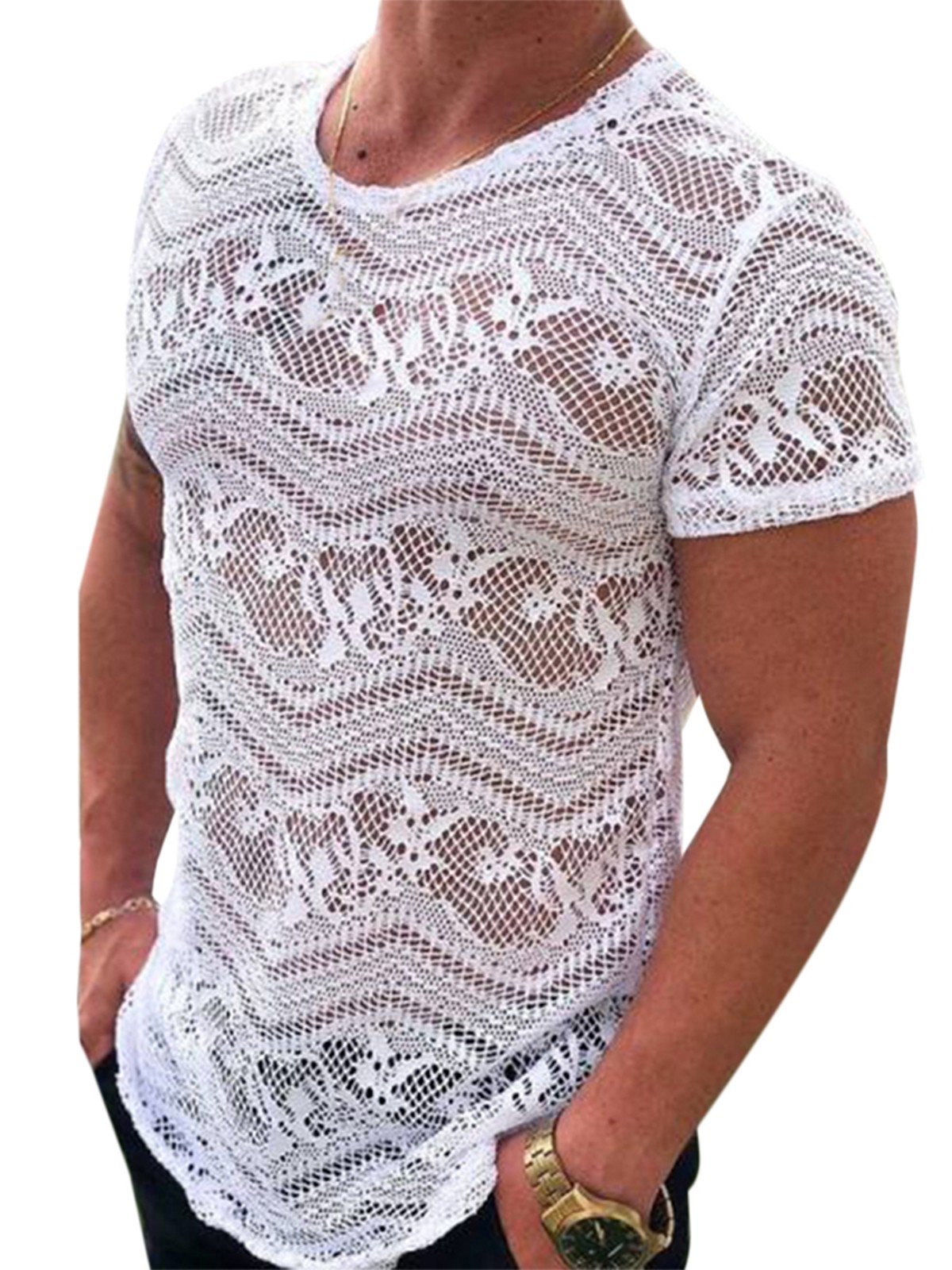 INCERUN Men's White Mesh Short Sleeve Tee Pullover Breathable See ...