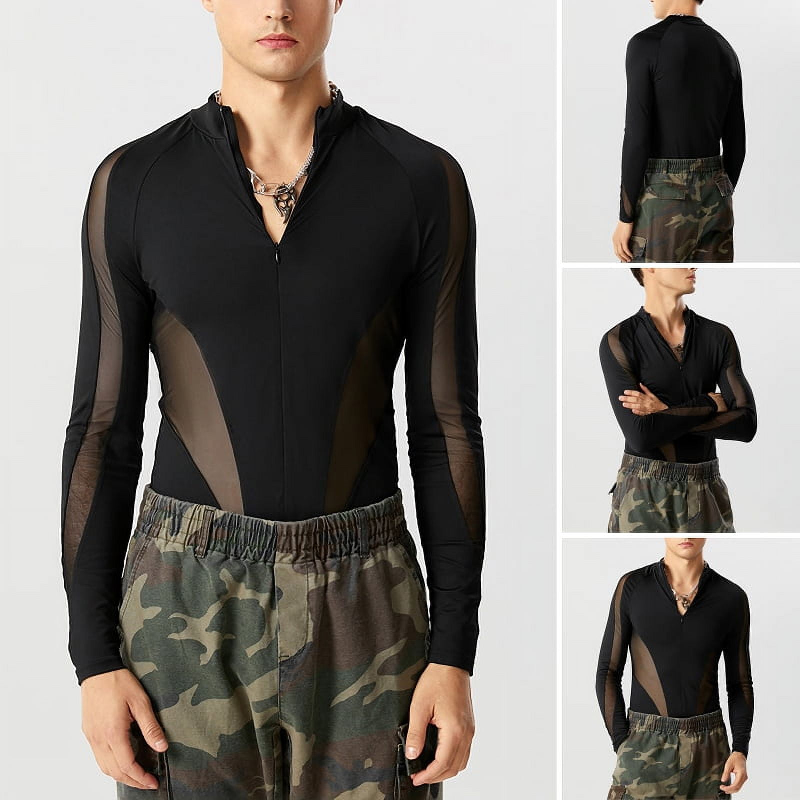 INCERUN Mens Mesh Patchwork Long Sleeve Leotard Bodysuit Jumpsuit ...