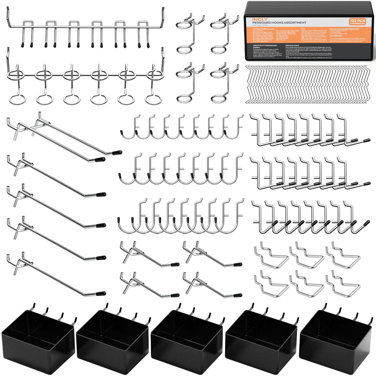 INCLY 122 Pcs Pegboard Accessories Organizer Kit, Peg Board Hooks Set ...
