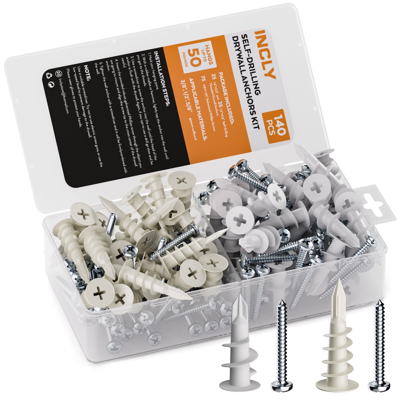 INCLY 140Pcs #8 Drywall Anchors Kit Self Drilling, 70 Plastic Dry Wall ...