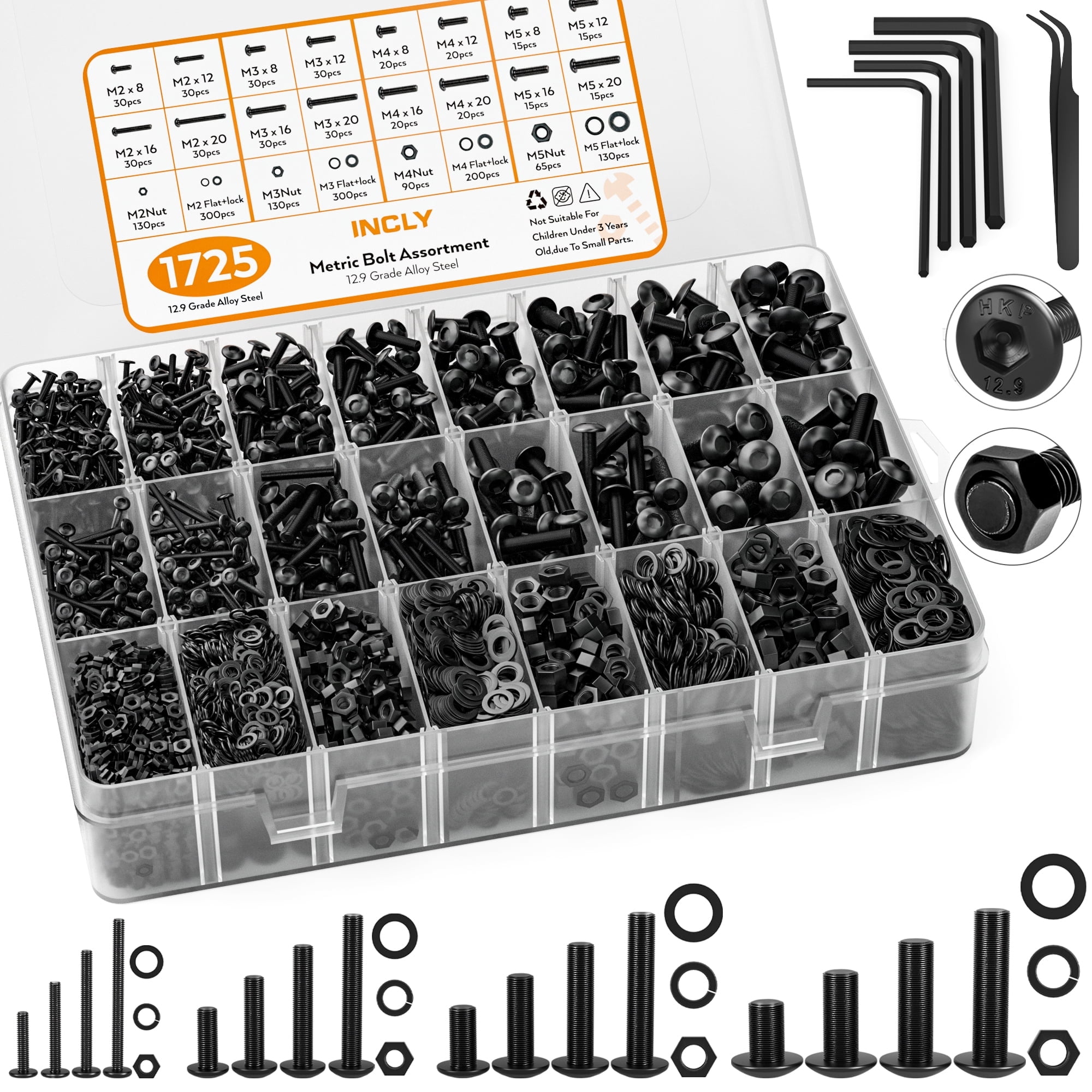 INCLY 1725PCS Metric Screw Assortment Kit, M2 M3 M4 M5 Screws,Metric Bolts and Nuts Assortment ...