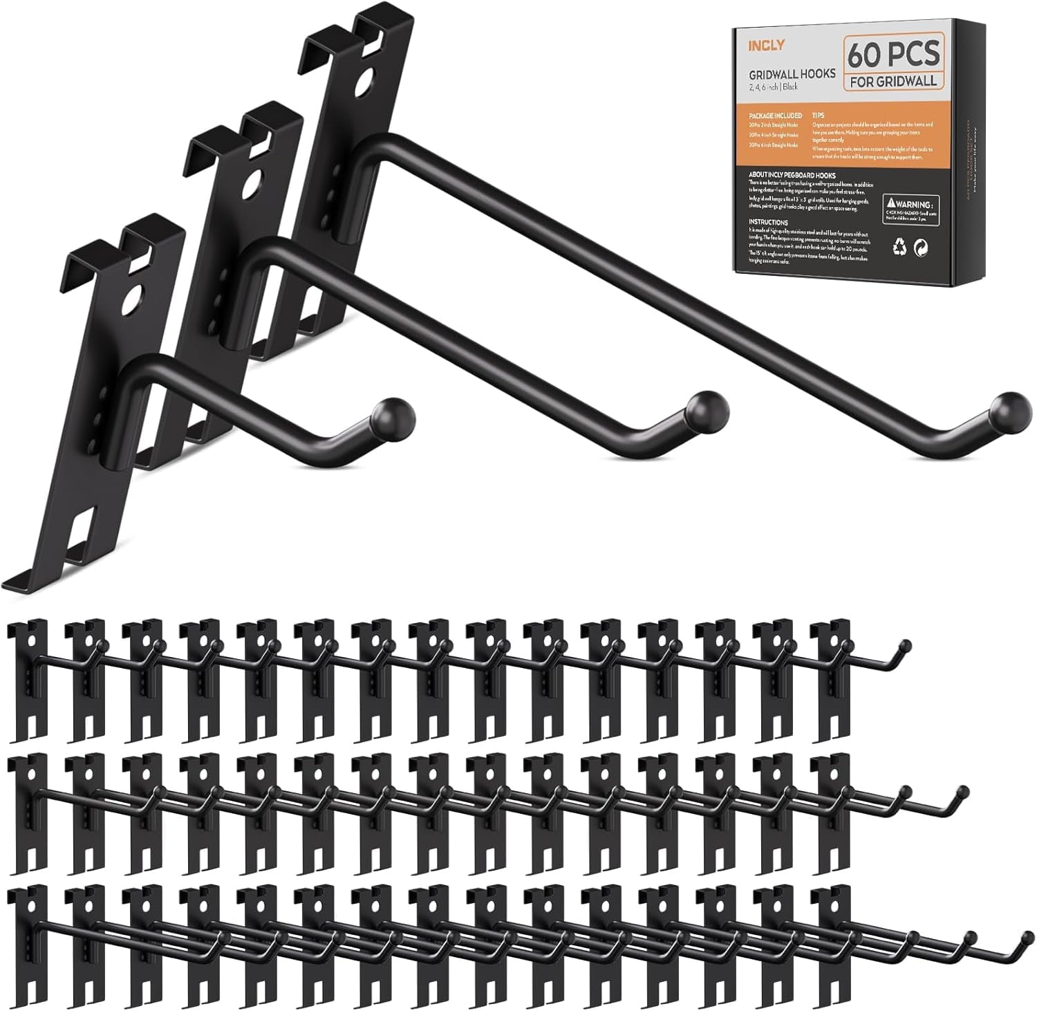 INCLY 2/4/6 Inch Gridwall Hooks, 60 Pack Heavy Duty Black Display Hooks ...