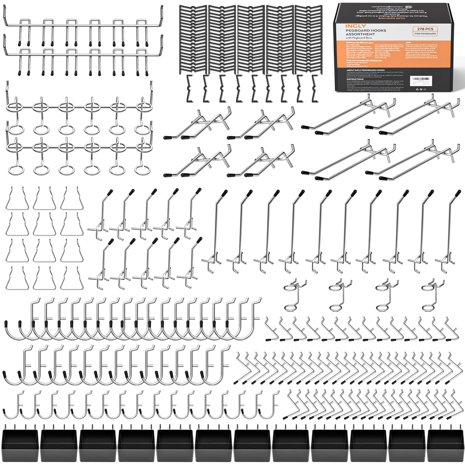 INCLY 278PCS Pegboard Kit, Steel Hooks with Bins, 1/8 and 1/4 inch ...