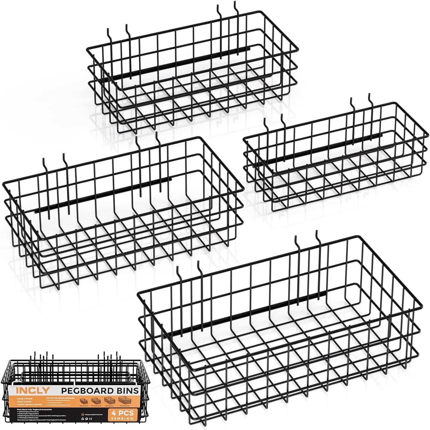 Incly 4 Pack Pegboard Baskets Set, Square Wire Bins for Standard ...