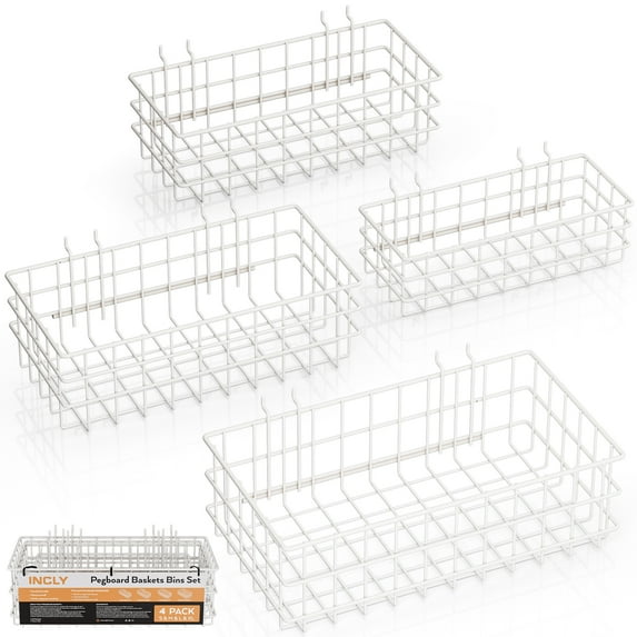 INCLY 4 Pack Pegboard Baskets Bins Set, 4 Size Square Style Metal White ...