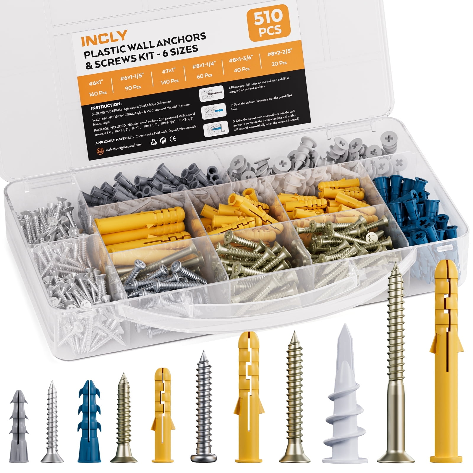 INCLY 510 Pcs Drywall Anchors and Screws Assortment Kit, 255 Plastic ...
