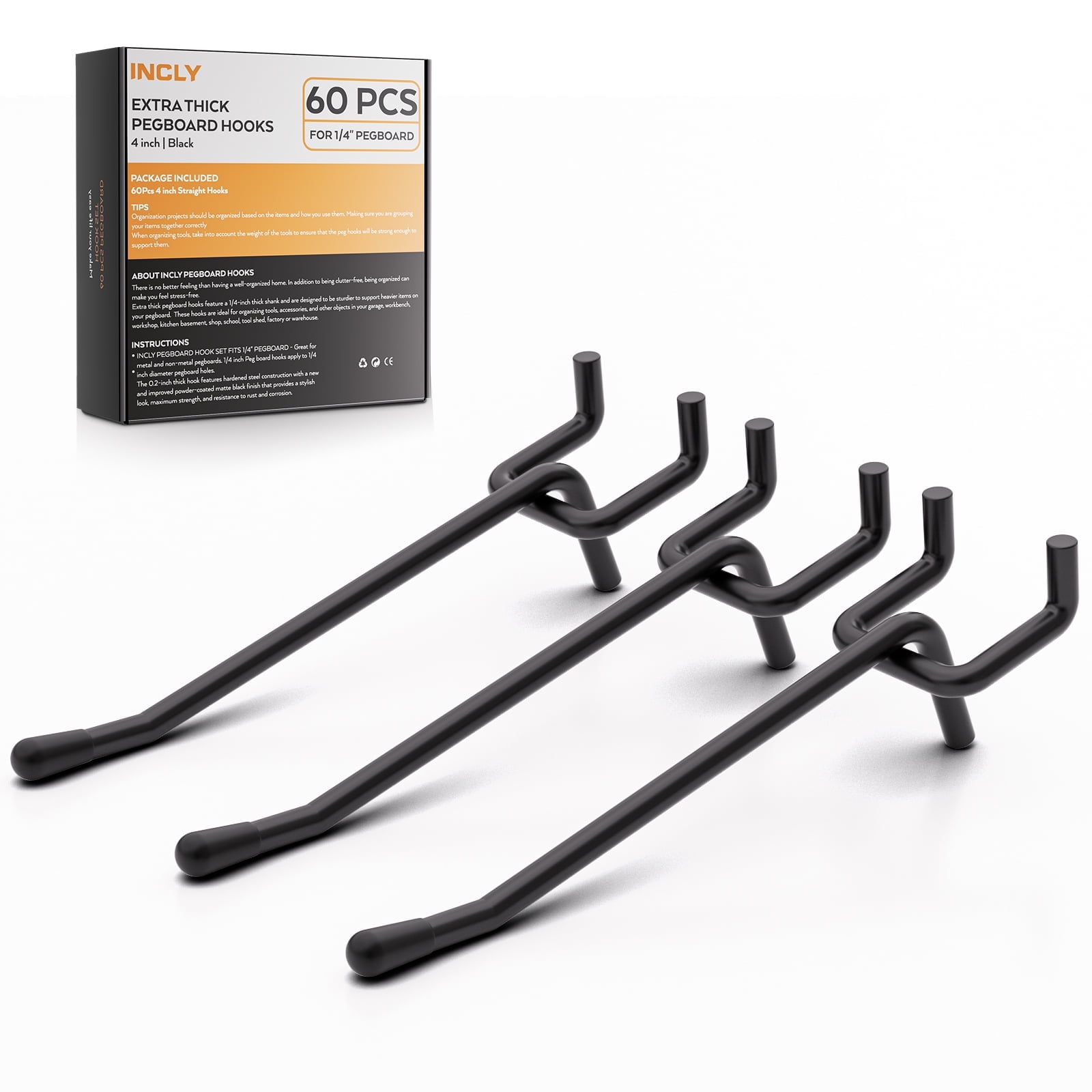 INCLY 60 Pack 4 Inch Black Pegboard Hooks, 1/4" Heavy Duty Peg Board ...