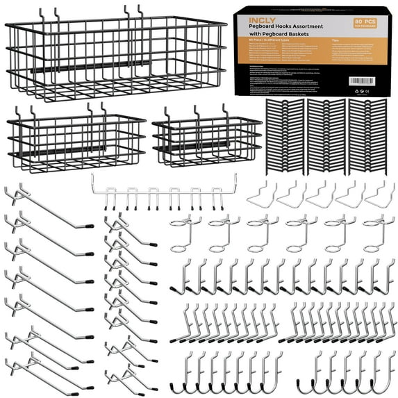 INCLY Organizer Set: Pegboard Hooks, Baskets S/M/L, Wall Garage Storage ...