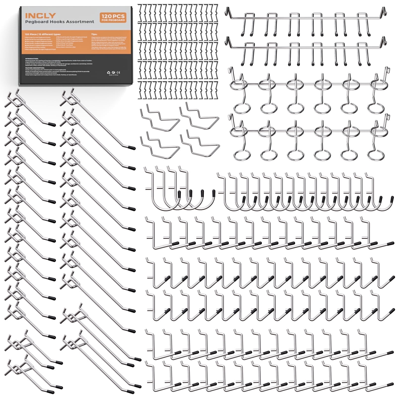 Incly Pegboard Hooks Set, 206PCS Heavy Duty Steel Fits 1/8 1/4 Inch ...