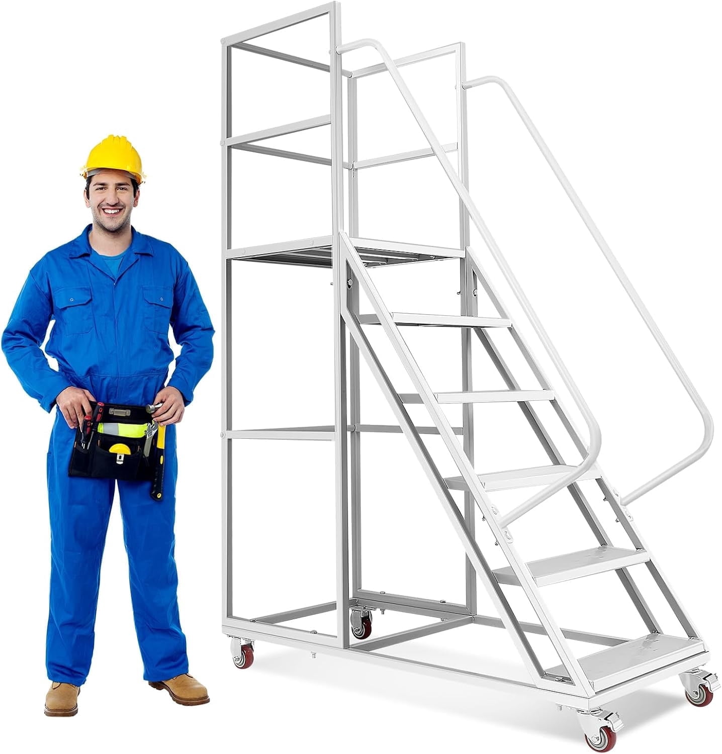 INDEEDING 6 Step Rolling Ladder with Wheels & Handrails, 1200LBS Heavy ...