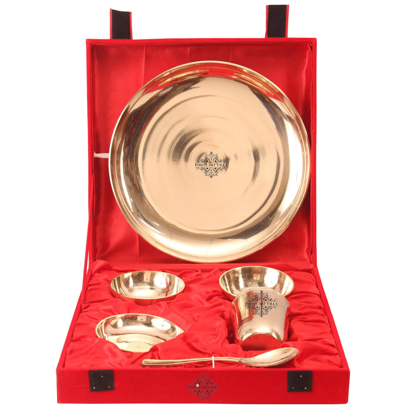 INDIAN ART VILLA Bronze 6 Piece Thali Set Round Shine Finish with Red ...