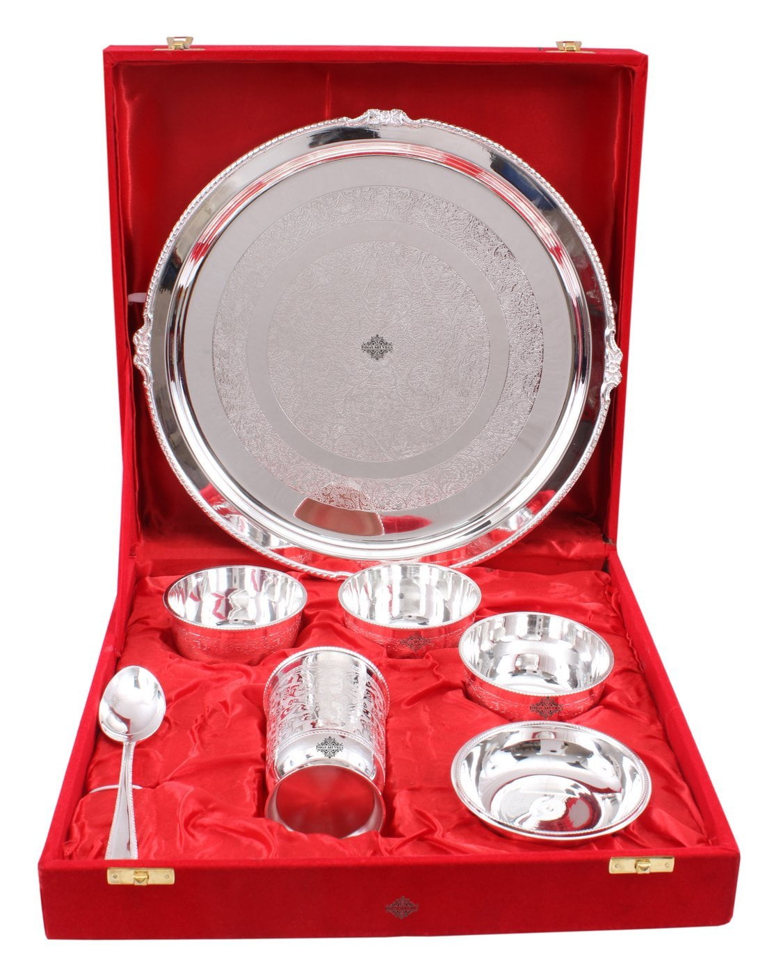 INDIAN ART VILLA Silver Plated 7 Piece Embossed Design Dinner Set with ...