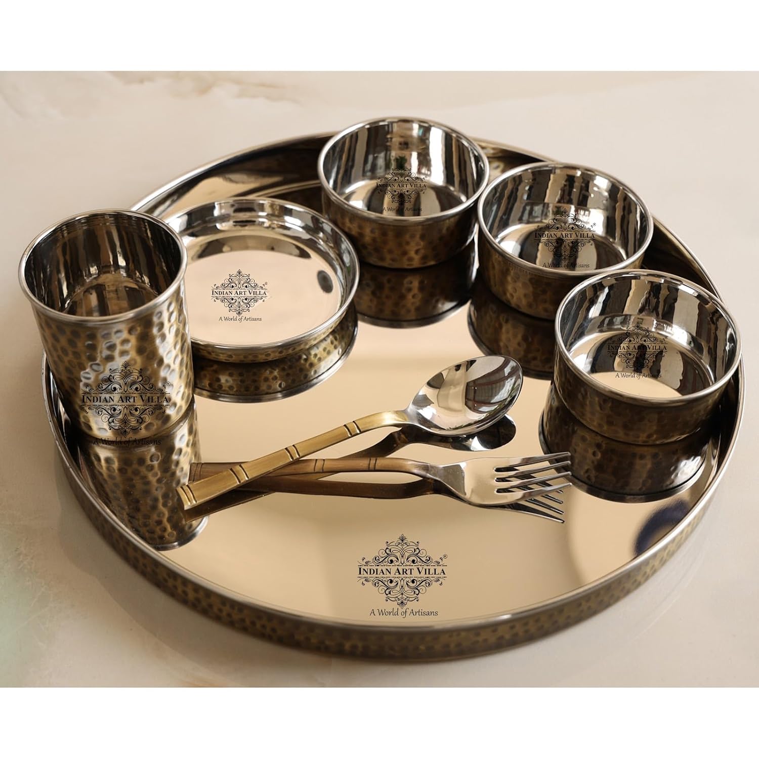 INDIAN ART VILLA Steel Brass Hammered ThaliDinner Set Ideal for ...