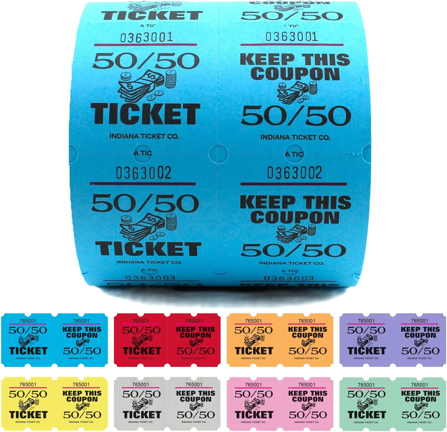 INDIANA TICKET CO. Blue, Marquee 50/50 Raffle Roll Tickets, Large 4"x2 ...
