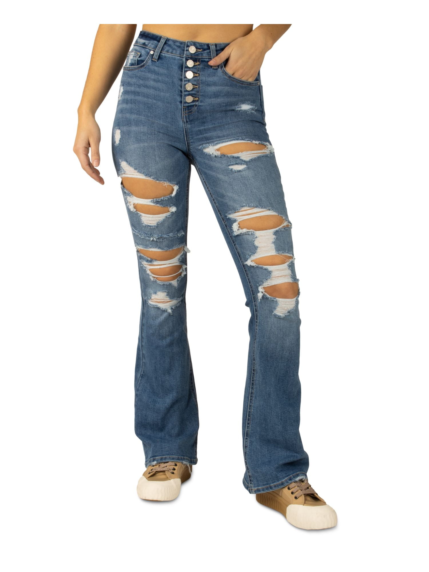 Indigo Rein Womens Blue Pocketed Button Fly Flare Leg High Waist Jeans
