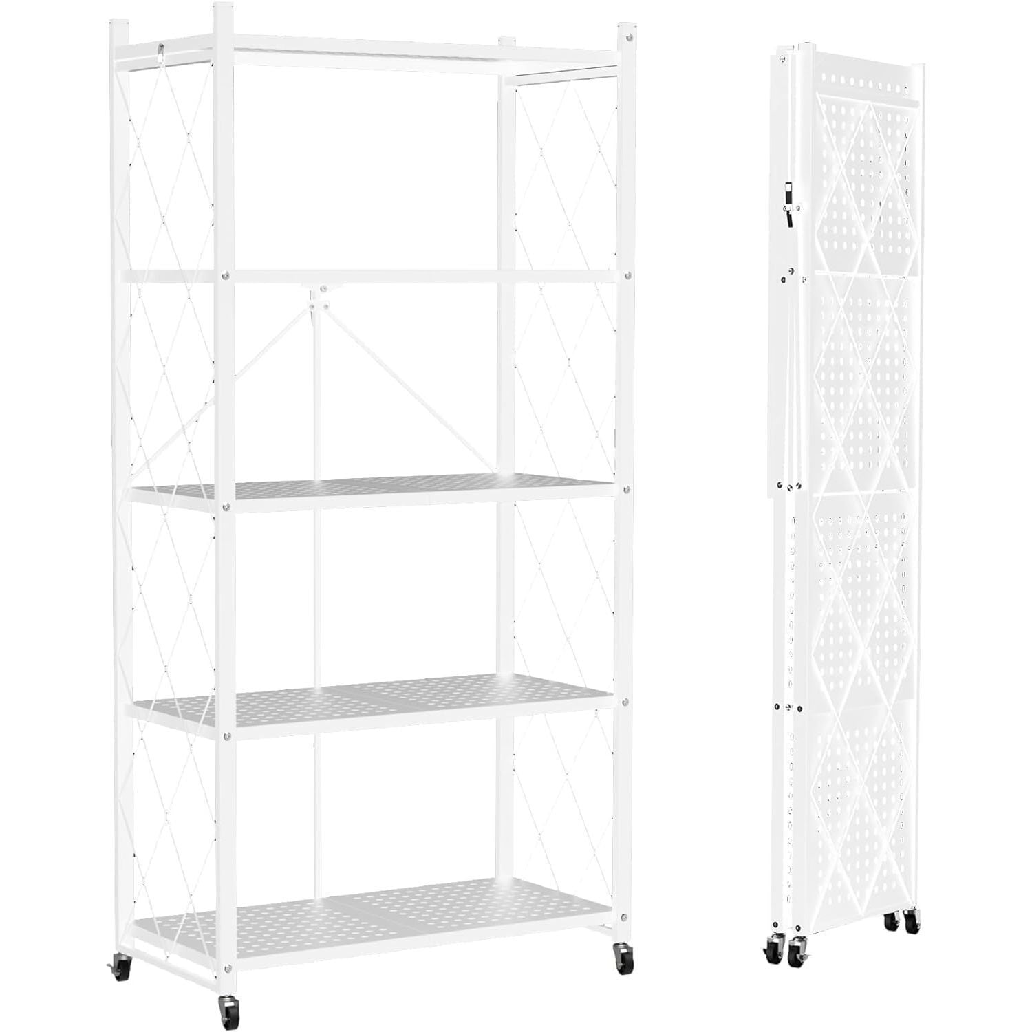 INDSUMOT 5-Shelf Foldable Storage Shelves with Wheels, Folding Metal ...