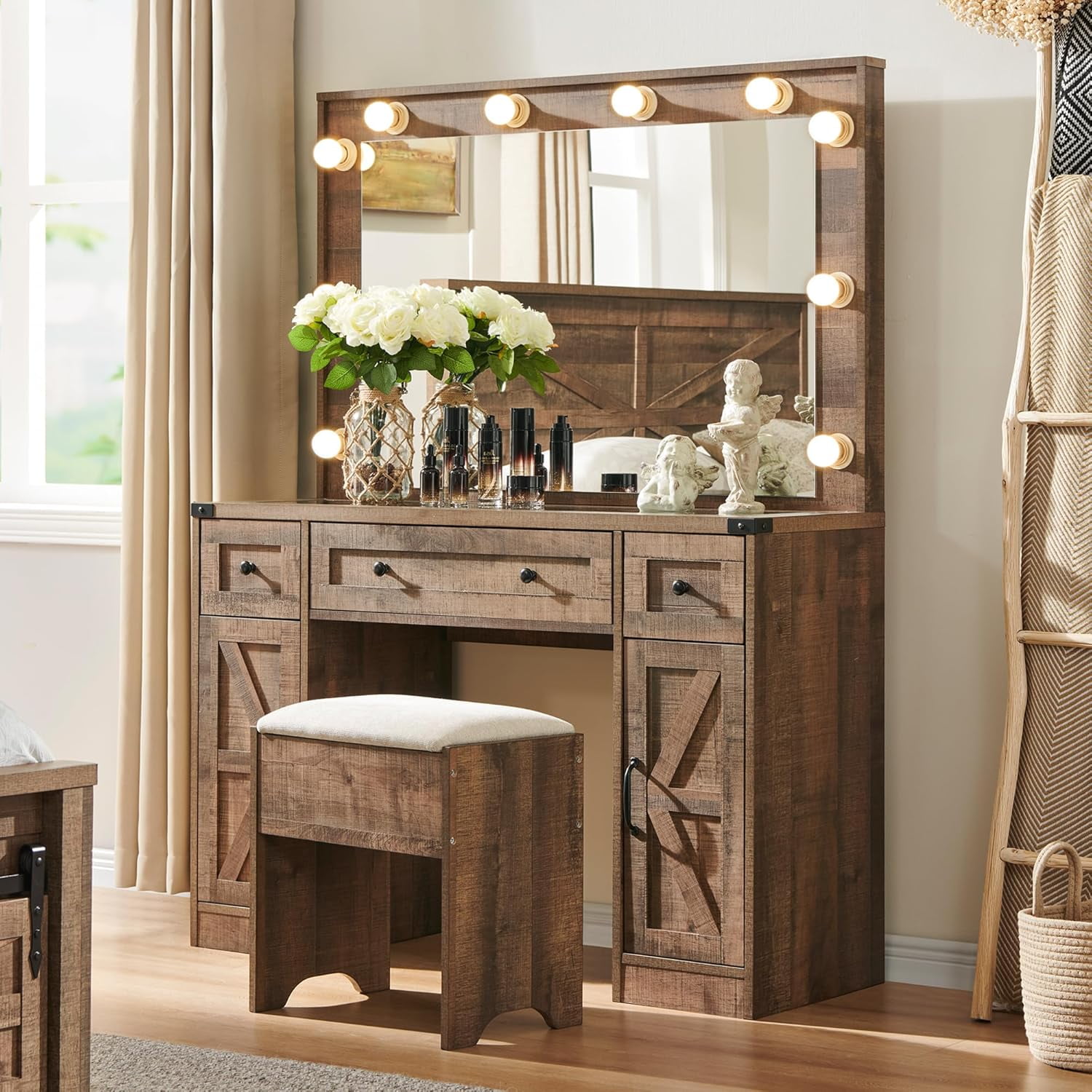INDSUMOT Farmhouse Makeup Vanity Desk with Mirror and Lights, 43 ...
