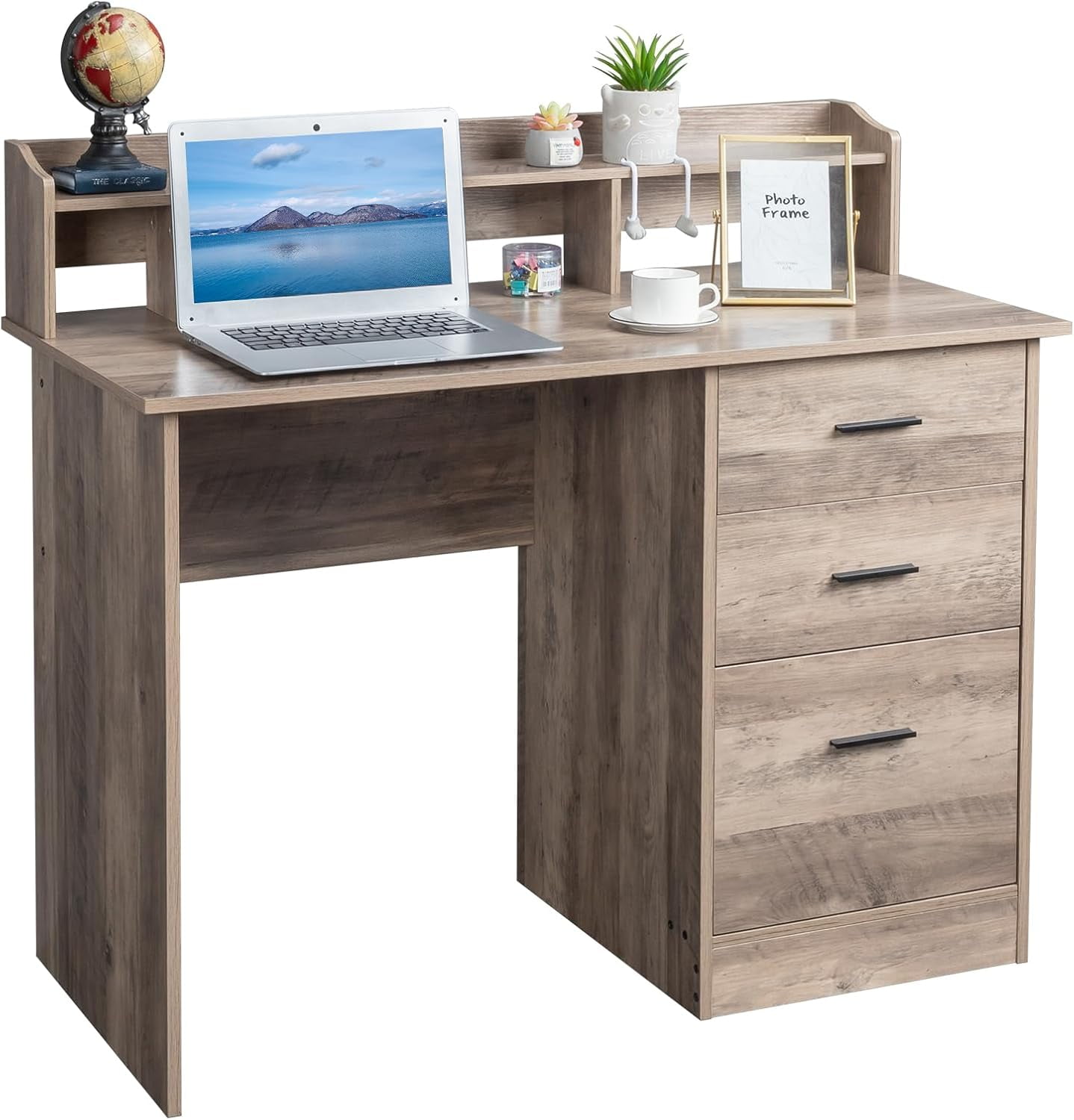 INDSUMOT Grey Computer Desk with Drawers ＆ Hutch, Modern Home Office ...