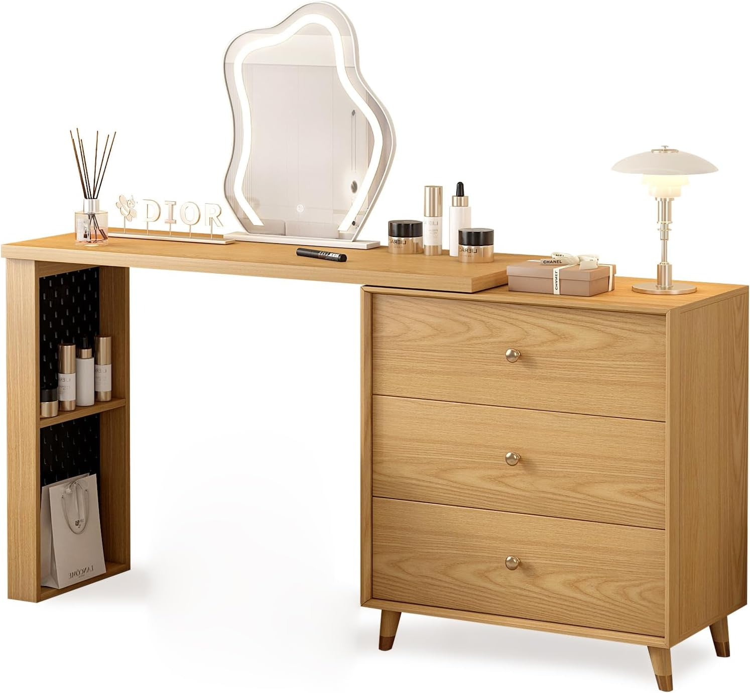 INDSUMOT Makeup Vanity Desk with Cloud HD Lighted Mirror, 50-66in ...