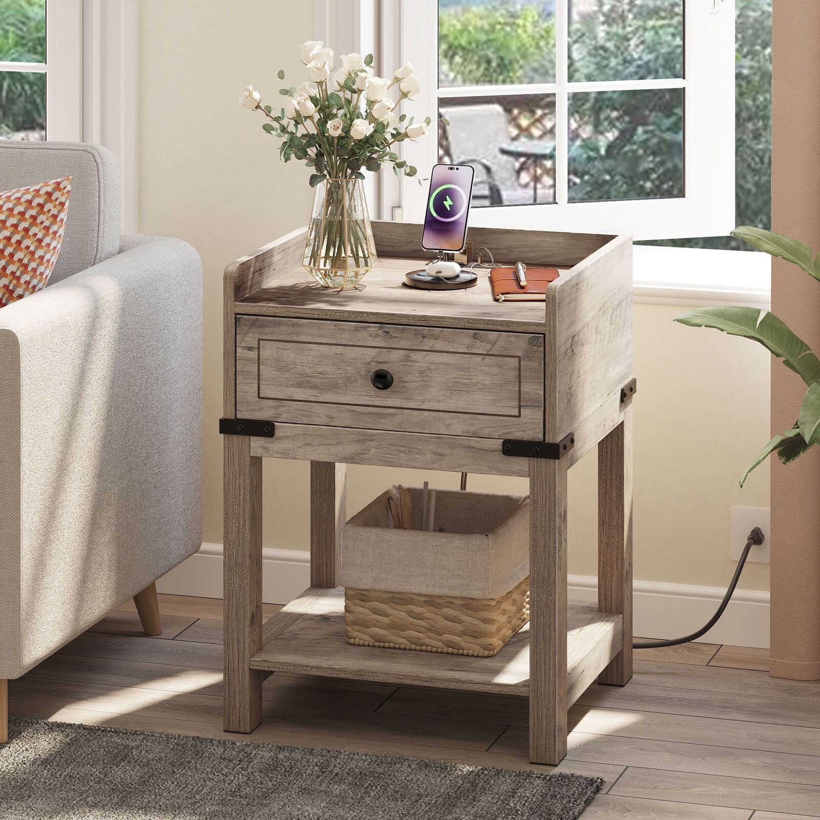 INDSUMOT Nightstand with Charging Station, End Side Table with Drawer ...