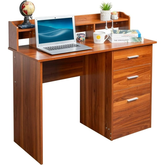 INDSUMOT Walnut Computer Desk with Drawers ＆ Hutch, Modern Home Office ...