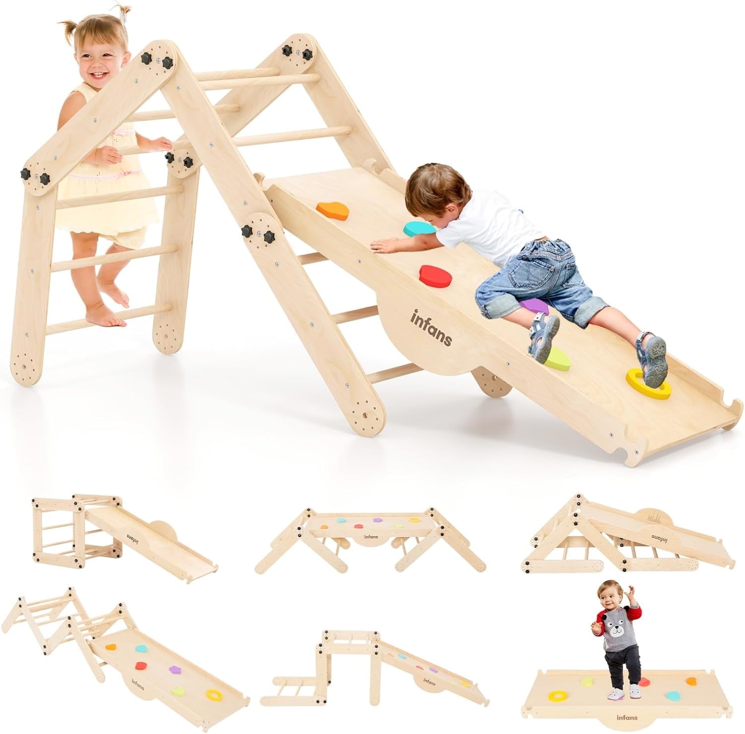 INFANS 12-in-1 Montessori Wooden Climber Set, Foldable Triangle with ...