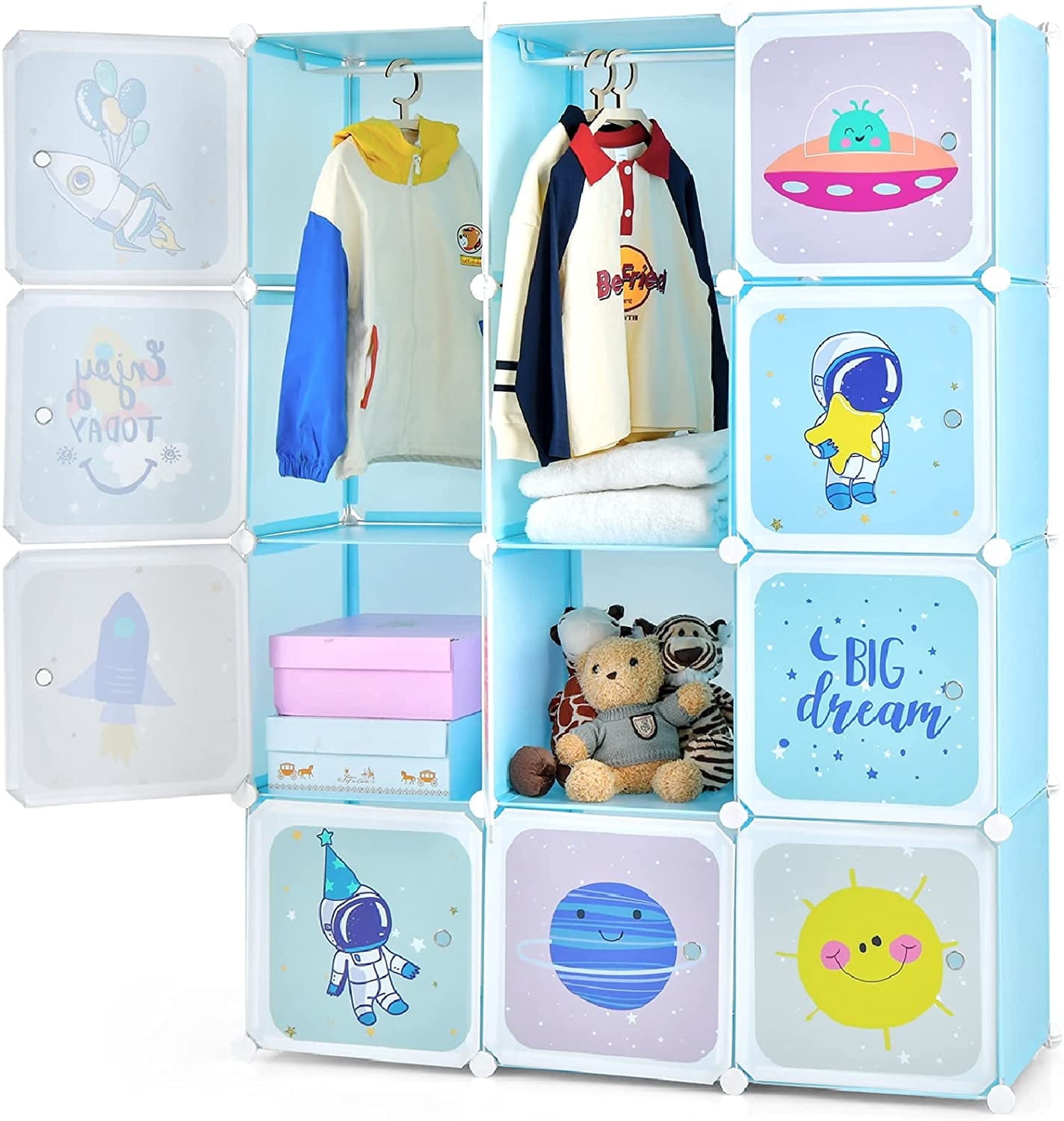 Olakids Children Wardrobe, 12 Cube Kid Closet with Doors and Hanging ...