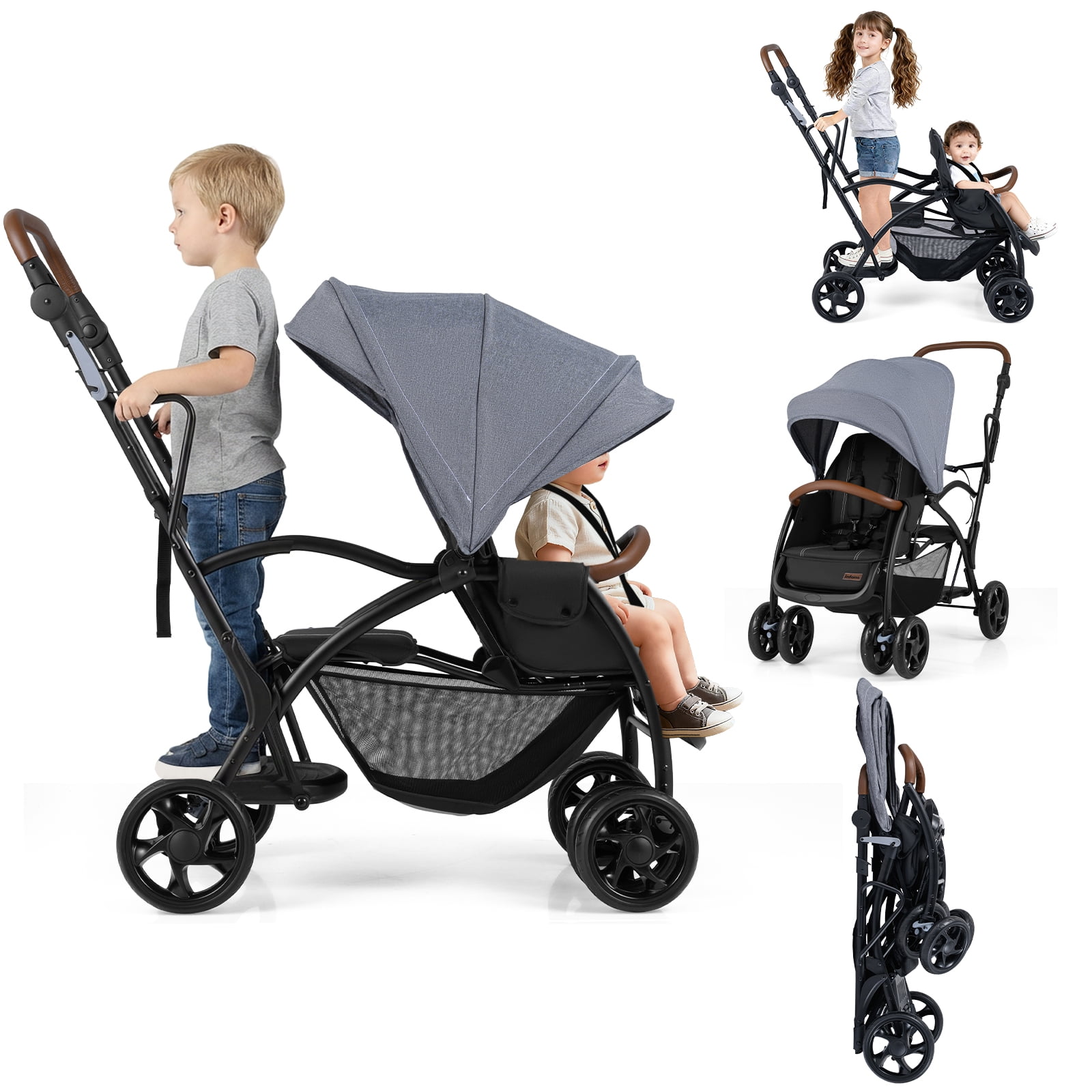 INFANS Double Stroller with Leather Handle, Front Seat 2-Position ...
