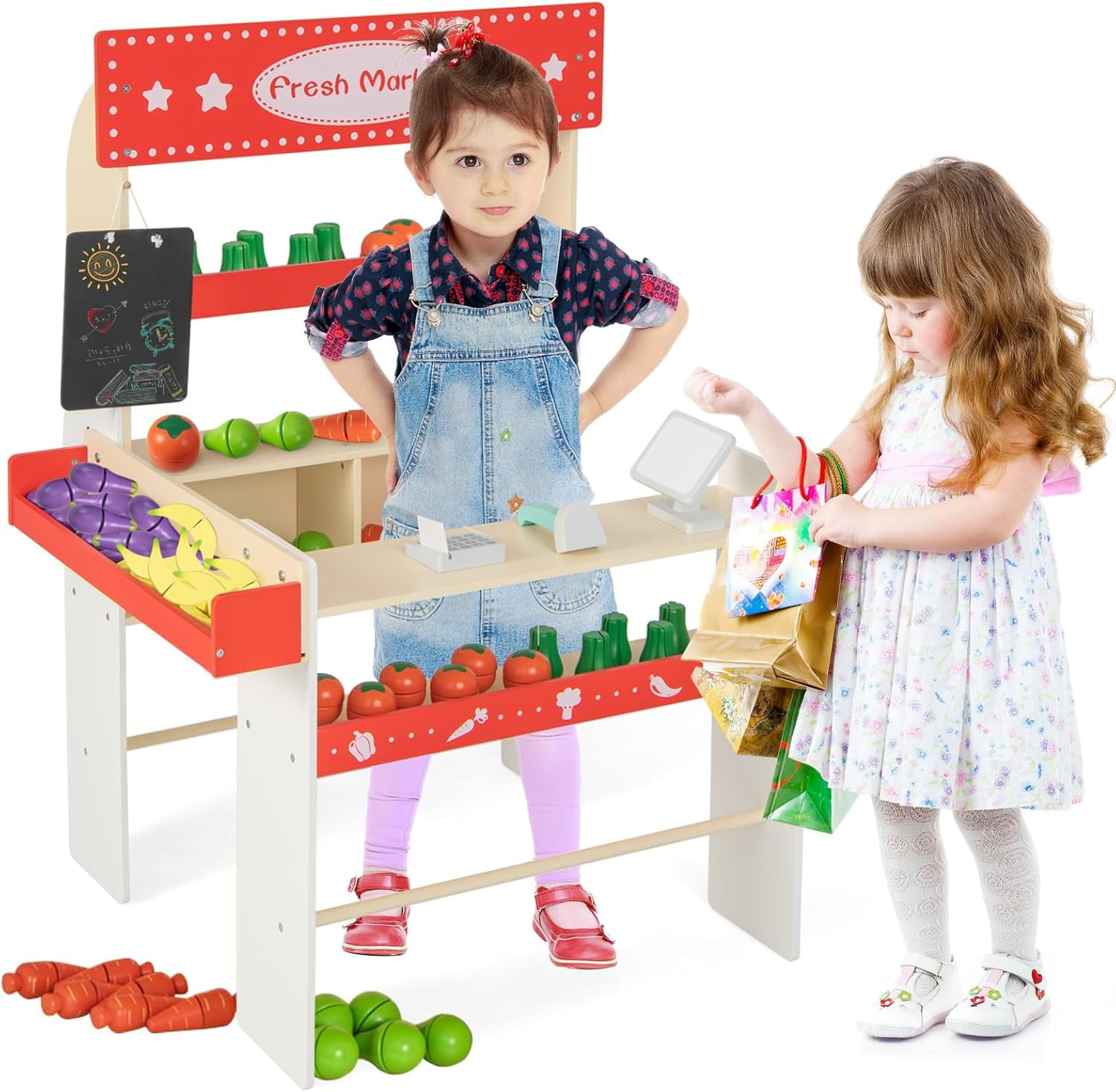 INFANS Grocery Store Marketplace Toy for Kids, Wooden Market Stand ...
