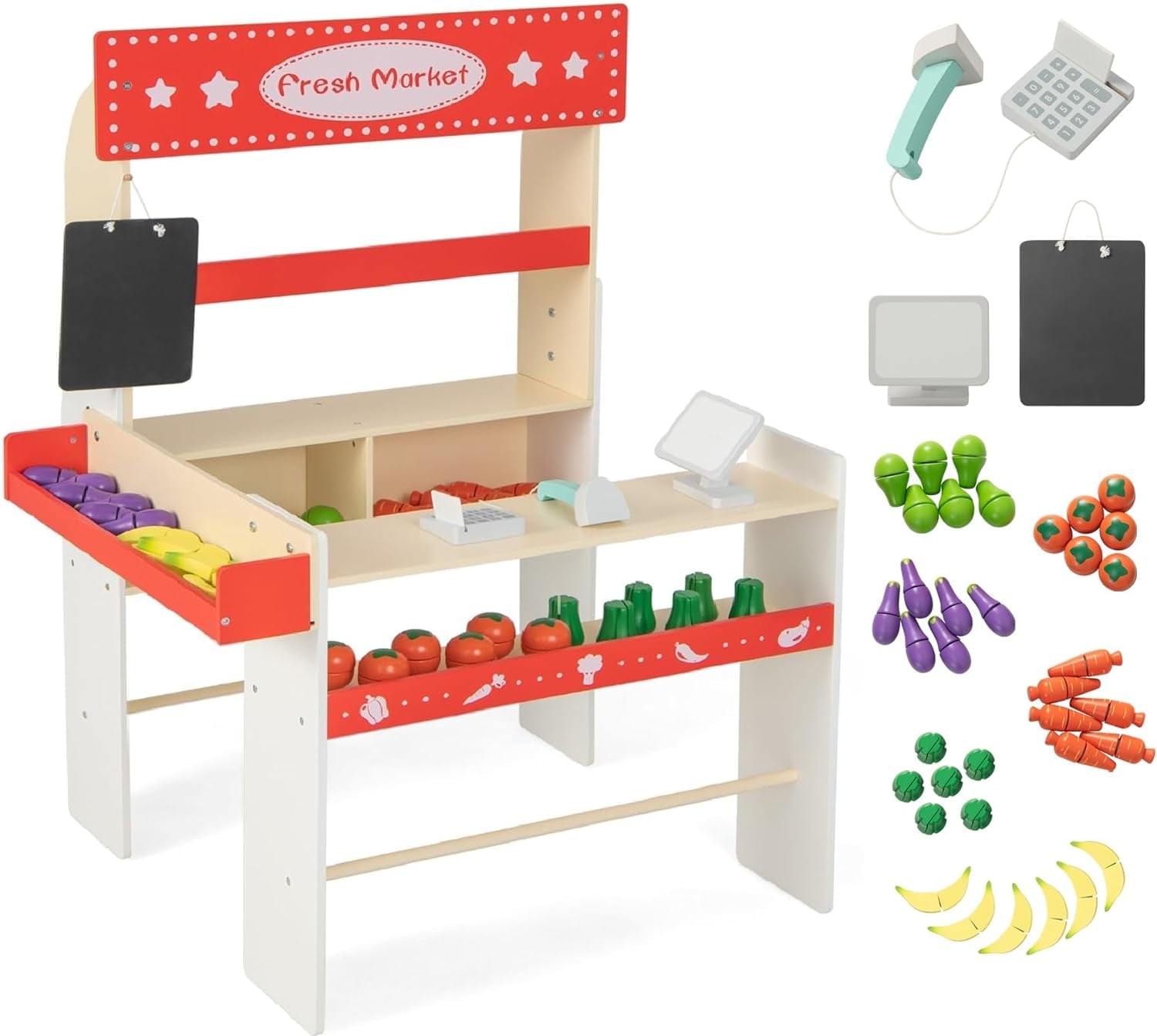 OLAKIDS Grocery Store Marketplace Toy, Kids Wooden Market Stand Pretend ...