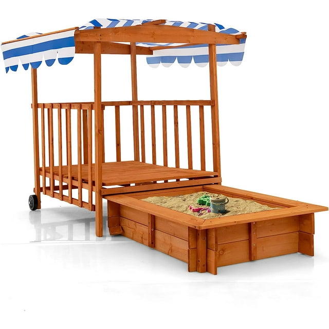 INFANS Kids Sandbox with Canopy and Cover, Rear Wheels, Wooden Cedar ...